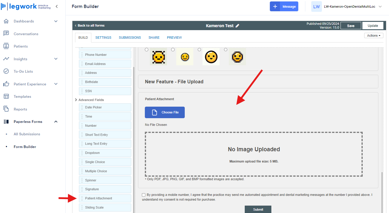 When patients complete our paperless forms, are they able to upload an attachment? – Legwork